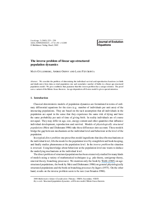 (PDF) The inverse problem of linear age-structured population dynamics
