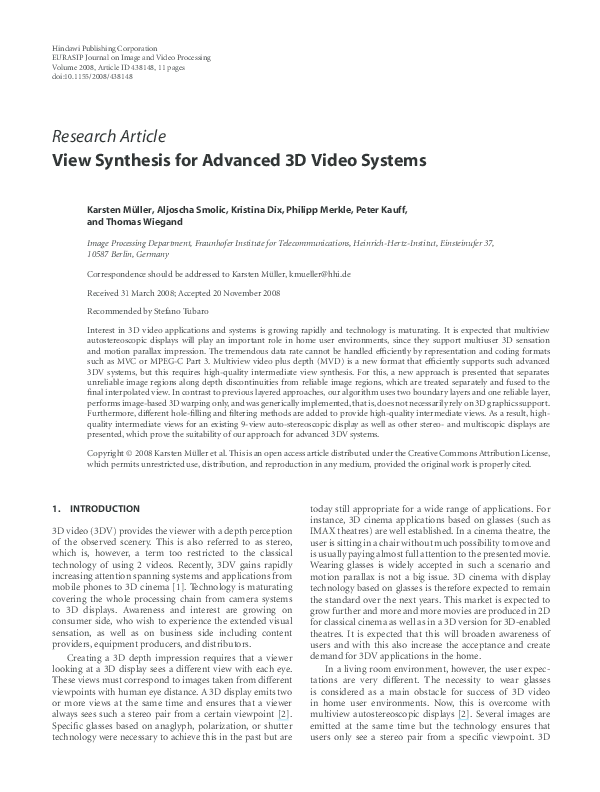 (PDF) View Synthesis for Advanced 3D Video Systems