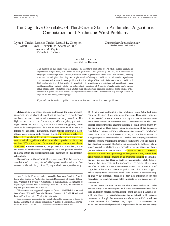 Pdf The Cognitive Correlates Of Third Grade Skill In Arithmetic Algorithmic Computation And 7772