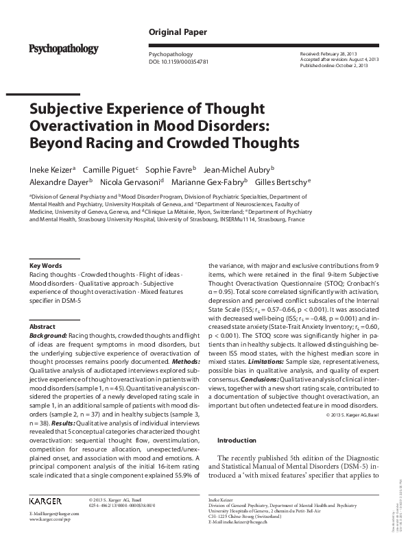 (PDF) Subjective Experience of Thought Overactivation in Mood Disorders ...