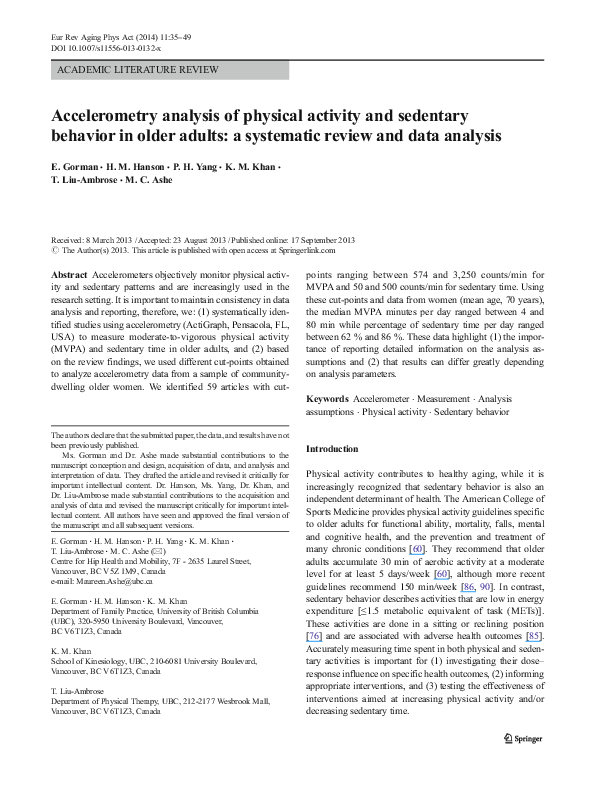 (PDF) Accelerometry analysis of physical activity and sedentary behavior in older adults: a ...