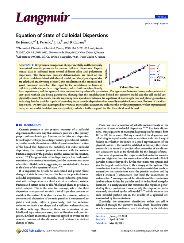 (PDF) Equation of State of Colloidal Dispersions