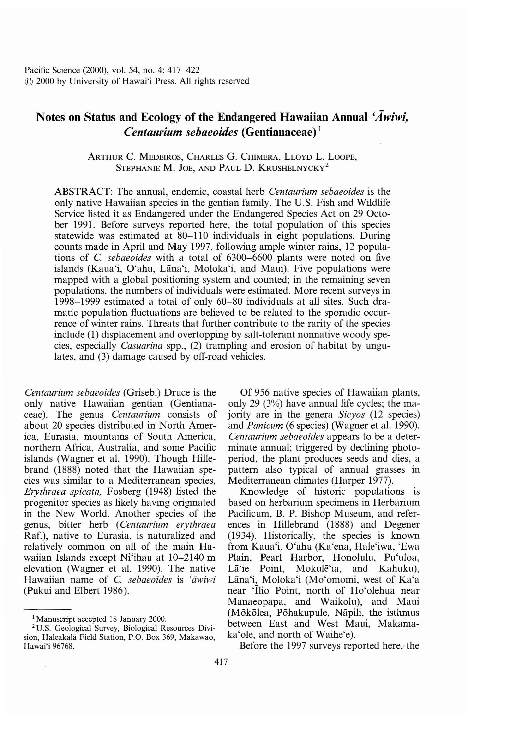 (PDF) Notes on Status and Ecology of the Endangered Hawaiian Annual ...