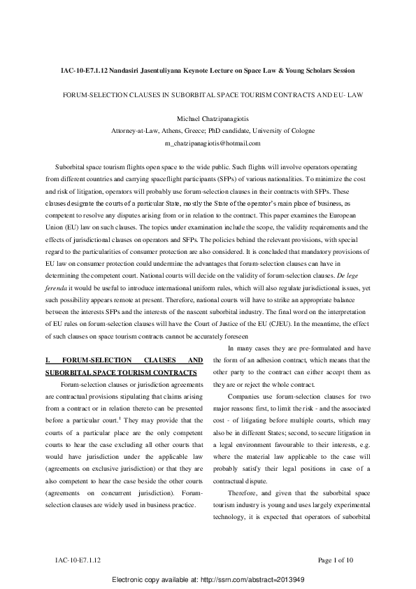 (PDF) Forum-Selection Clauses in Suborbital Space Tourism Contracts and ...