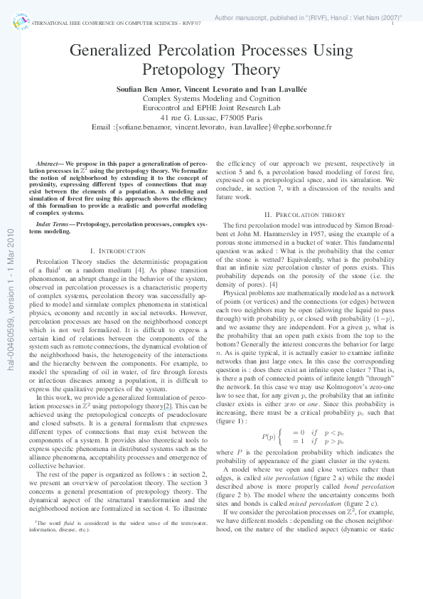 (PDF) Generalized Percolation Processes Using Pretopology Theory