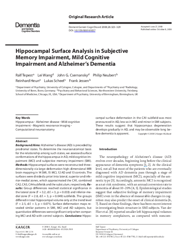 (PDF) Hippocampal Surface Analysis in Subjective Memory Impairment, Mild Cognitive Impairment ...