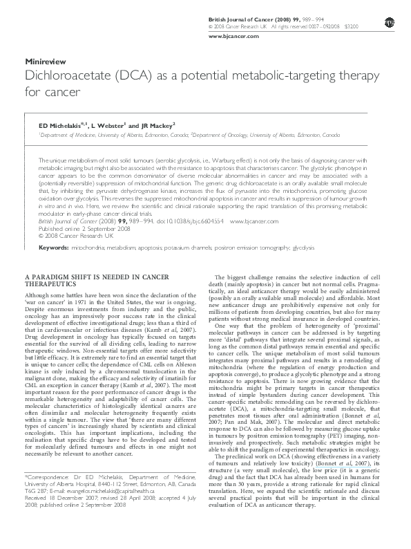 (PDF) Dichloroacetate (DCA) as a potential metabolic-targeting therapy ...
