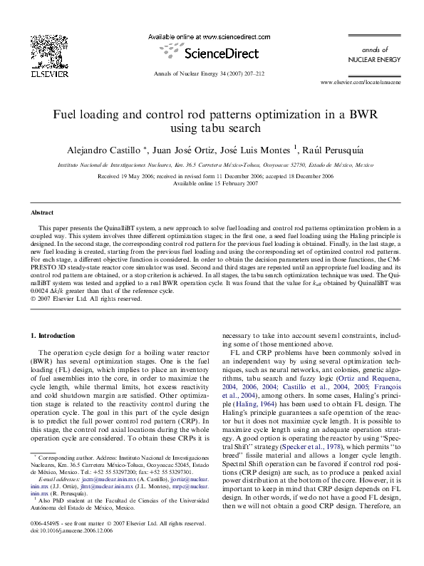 (PDF) Fuel loading and control rod patterns optimization in a BWR using tabu search