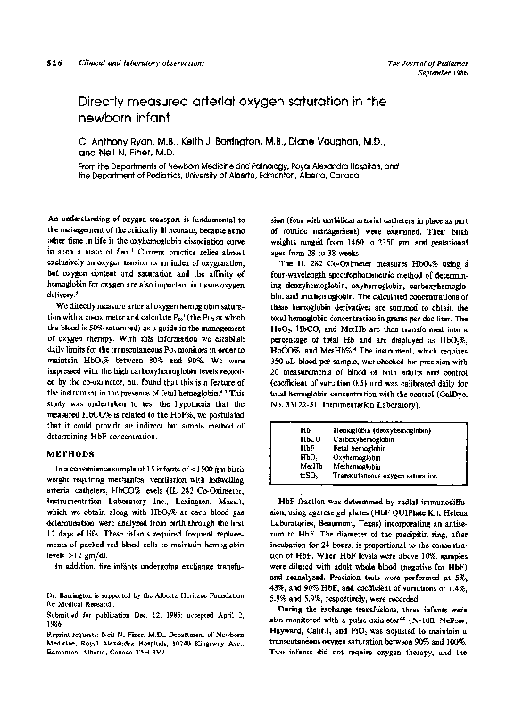 (PDF) Directly measured arterial oxygen saturation in the newborn infant