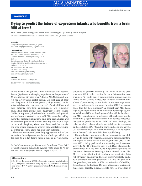 (PDF) Trying to predict the future of ex-preterm infants: who benefits ...