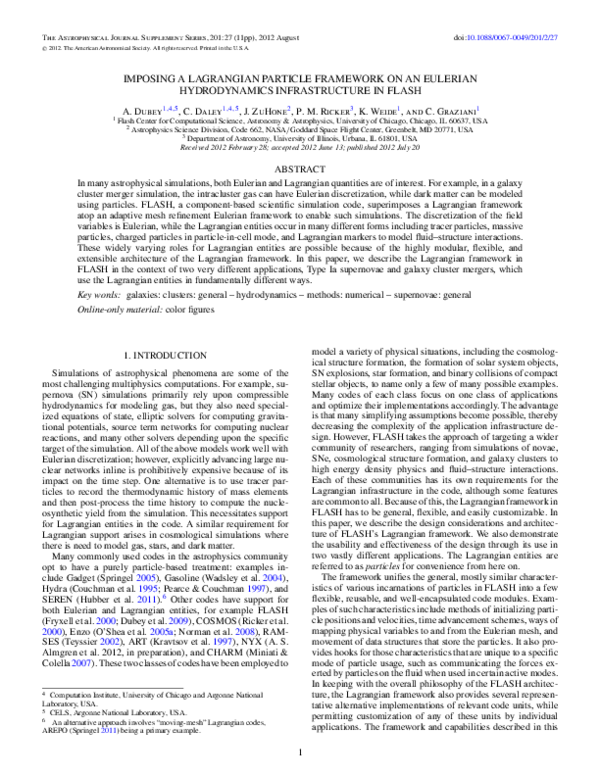 Pdf Imposing A Lagrangian Particle Framework On An Eulerian Hydrodynamics Infrastructure In Flash