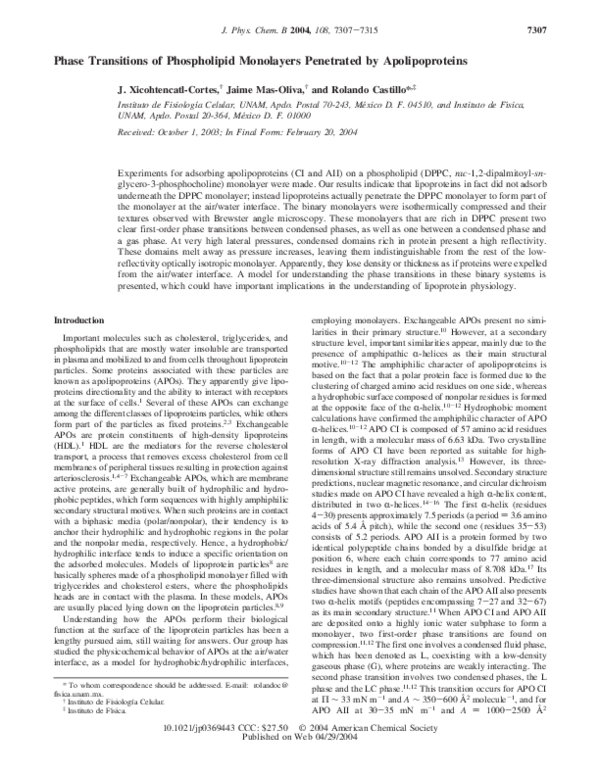 (PDF) Phase Transitions of Phospholipid Monolayers Penetrated by ...
