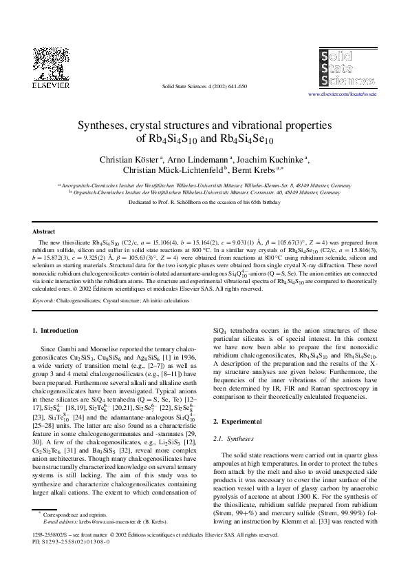 (PDF) Syntheses, crystal structures and vibrational properties of Rb4Si4S10 and Rb4Si4Se10