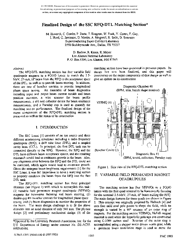(PDF) Finalized design of the SSC RFQ-DTL matching section