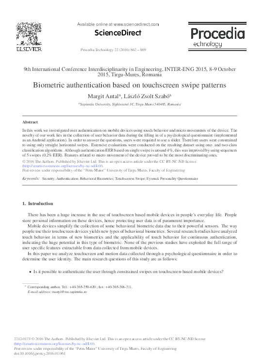 (PDF) Biometric authentication based on touchscreen swipe patterns