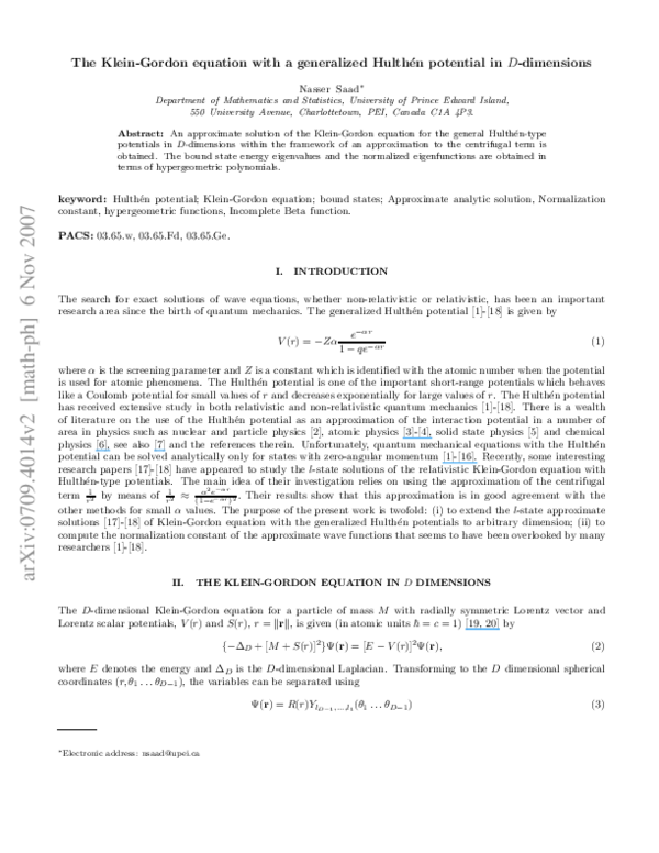 (PDF) The Klein–Gordon equation with a generalized Hulthén potential in D -dimensions