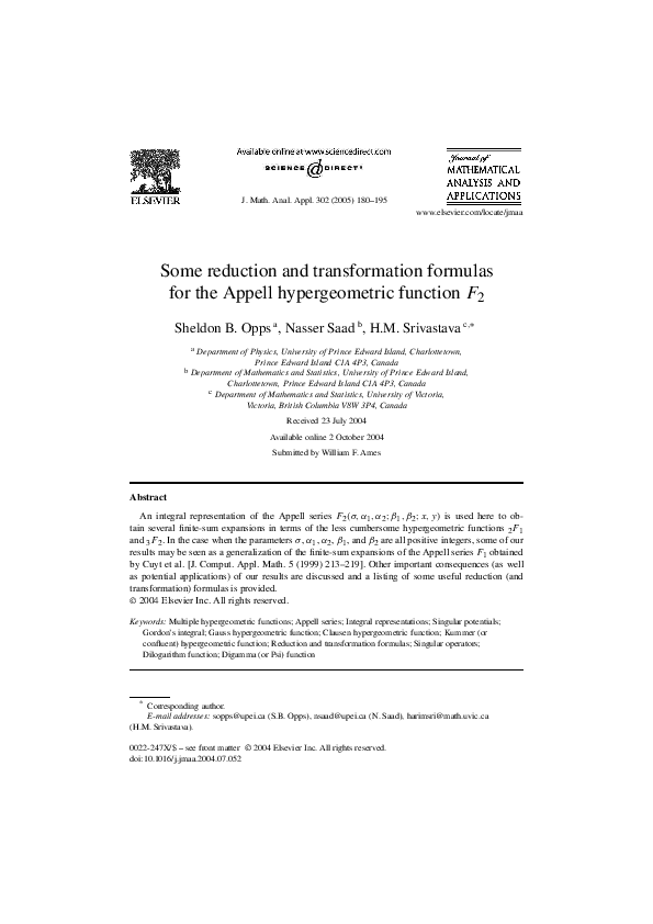 (PDF) Some reduction and transformation formulas for the Appell hypergeometric function