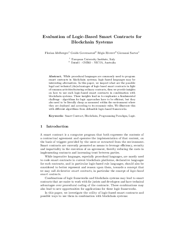 Pdf Evaluation Of Logic Based Smart Contracts For Blockchain Systems