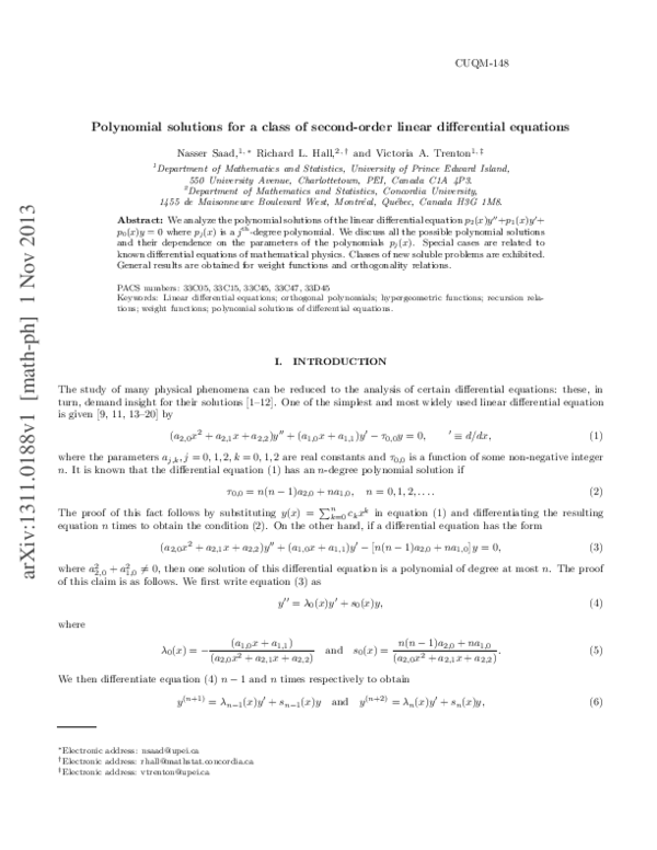 (PDF) Polynomial solutions for a class of second-order linear differential equations