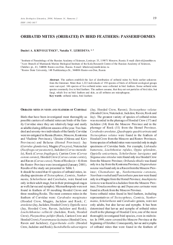 (PDF) Oribatid Mites (Oribatei) in Bird Feathers: Passeriformes