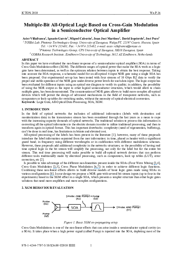 Pdf Multiple Bit All Optical Logic Based On Cross Gain Modulation In
