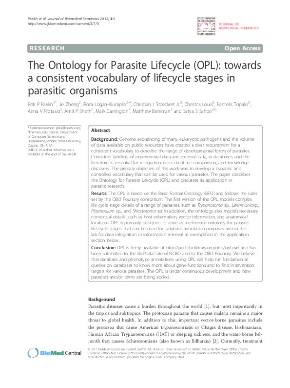 (PDF) The Ontology for Parasite Lifecycle (OPL): towards a consistent ...