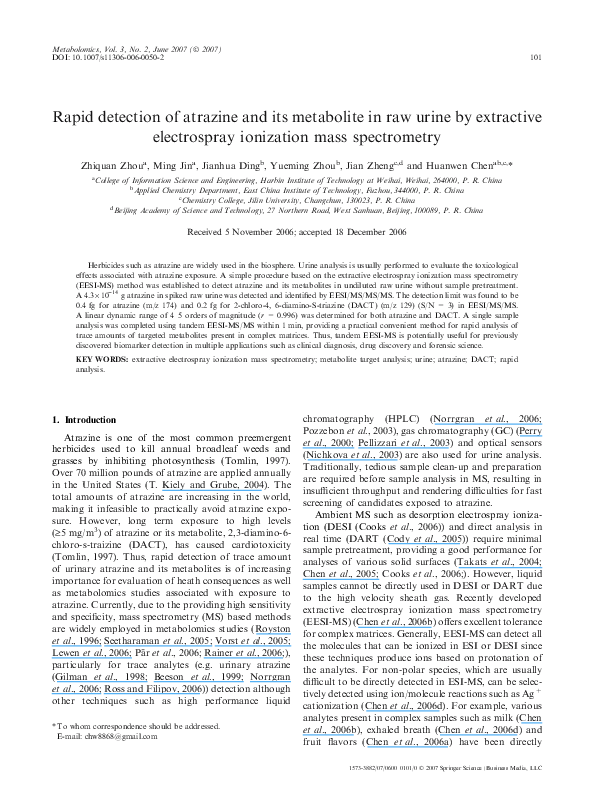 (PDF) Rapid detection of atrazine and its metabolite in raw urine by extractive electrospray ...