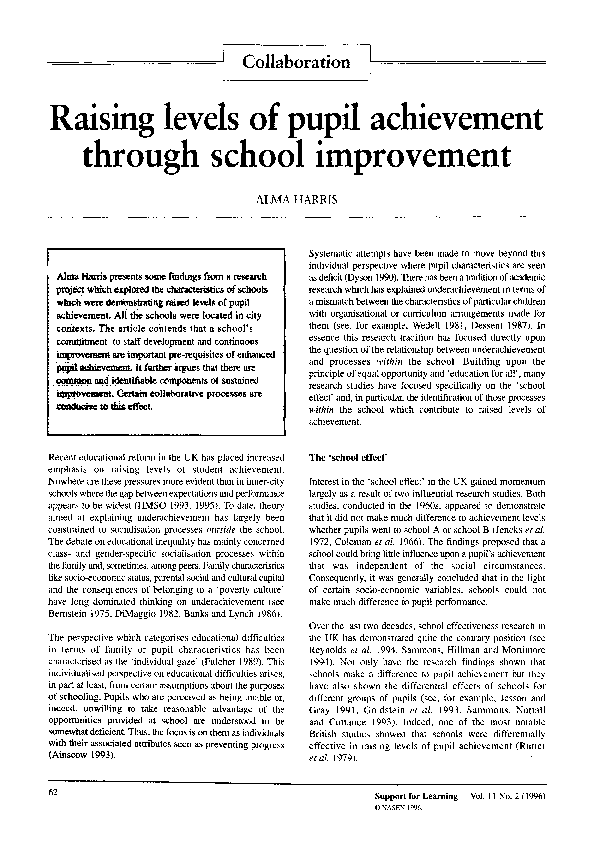 (PDF) Raising levels of pupil achievement through school improvement