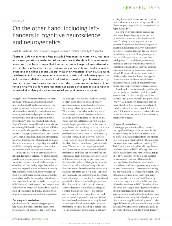 (PDF) On the other hand: including left-handers in cognitive neuroscience and neurogenetics