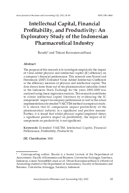 (PDF) Intellectual Capital, Financial Profitability, and Productivity: An Exploratory Study of ...
