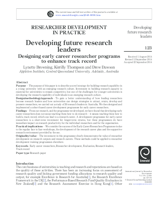 (PDF) Developing future research leaders Designing early career ...