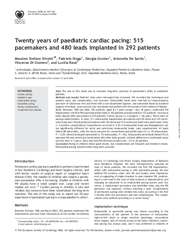 (PDF) Twenty years of paediatric cardiac pacing: 515 pacemakers and 480 ...
