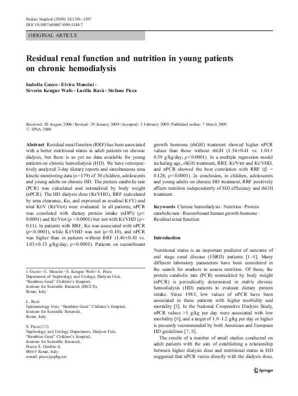 (PDF) Residual renal function and nutrition in young patients on ...