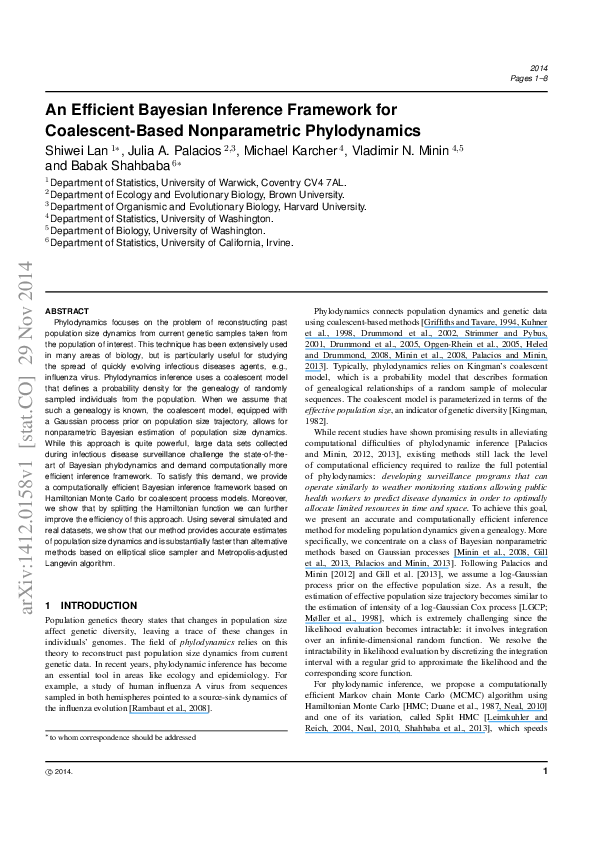 Pdf An Efficient Bayesian Inference Framework For Coalescent Based