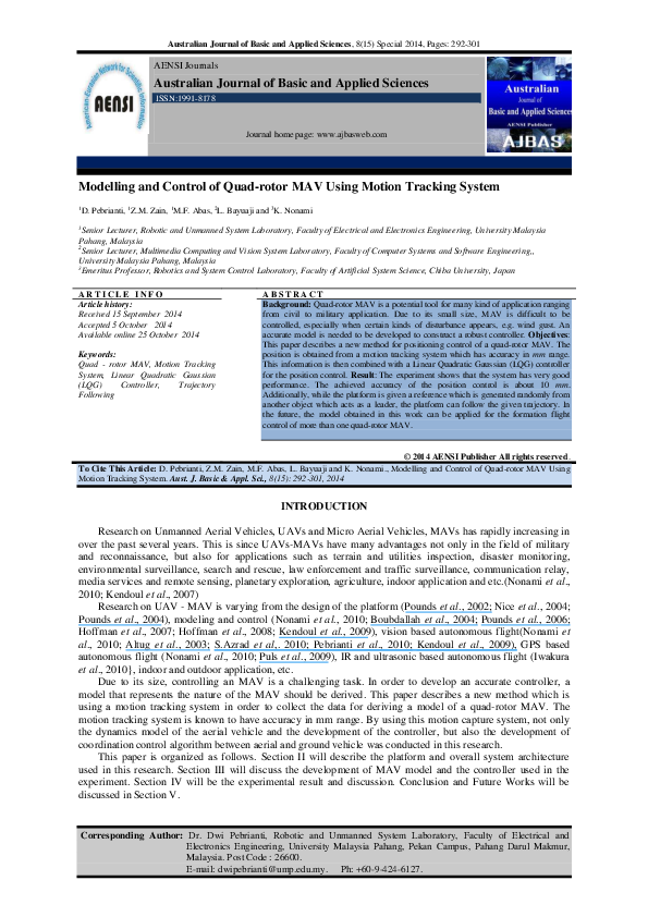 (PDF) Modelling and Control of Quad-rotor MAV Using Motion Tracking System