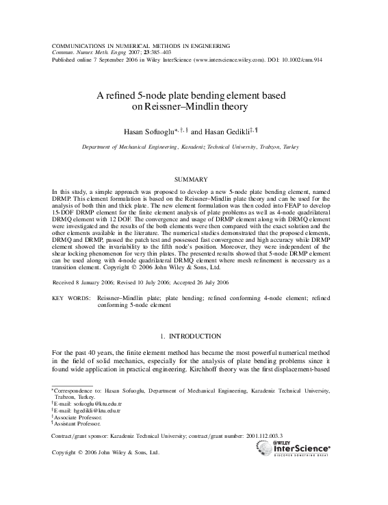 (PDF) A refined 5-node plate bending element based on Reissner-Mindlin ...