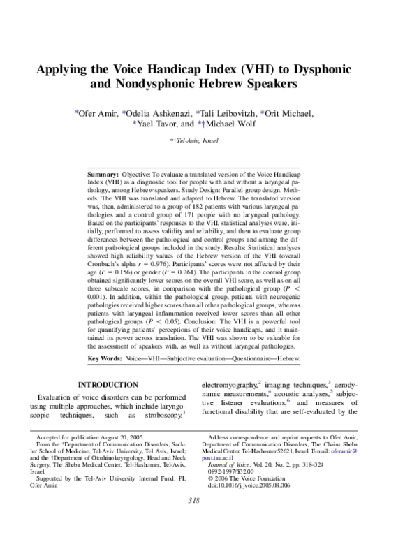 (PDF) Applying the Voice Handicap Index (VHI) to Dysphonic and ...