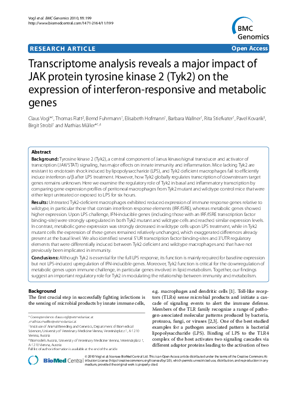 (PDF) Transcriptome analysis reveals a major impact of JAK protein tyrosine kinase 2 (Tyk2) on ...
