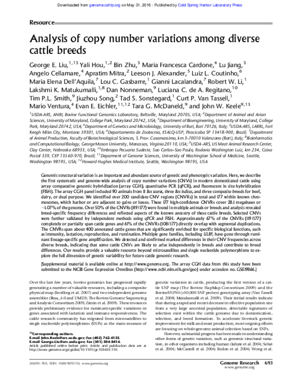 Pdf Analysis Of Copy Number Variations Among Diverse Cattle Breeds