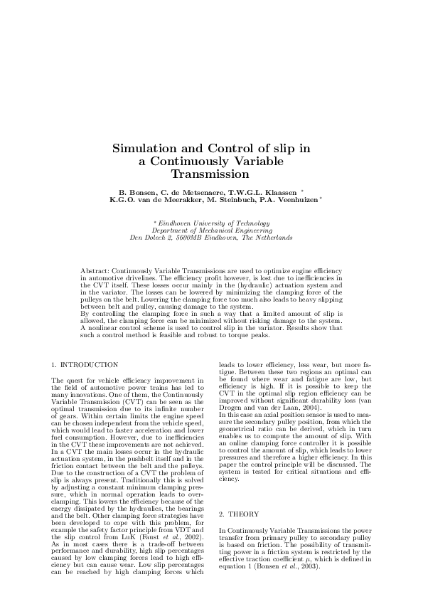 (PDF) Simulation and Control of slip in a Continuously Variable Transmission