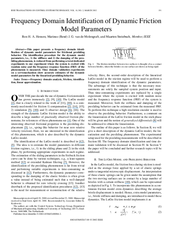 Pdf Frequency Domain Identification Of Dynamic Friction Model Parameters 3988