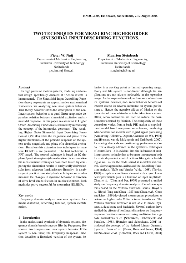 Pdf Two Techniques For Measuring Higher Order Sinusoidal Input Describing Functions M