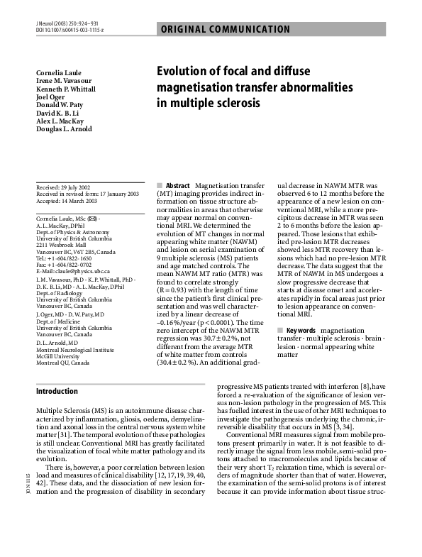 (PDF) Evolution of focal and diffuse magnetisation transfer ...