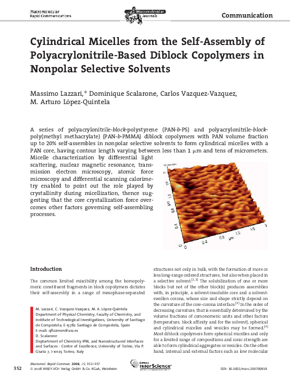 (PDF) Cylindrical Micelles from the Self-Assembly of Polyacrylonitrile ...