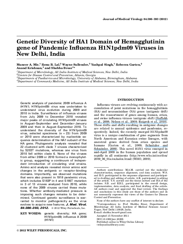 (PDF) Genetic diversity of HA1 domain of hemagglutinin gene of pandemic ...