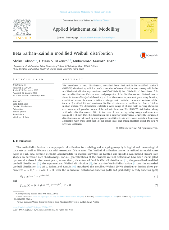 (PDF) Beta Sarhan-Zaindin modified Weibull distribution