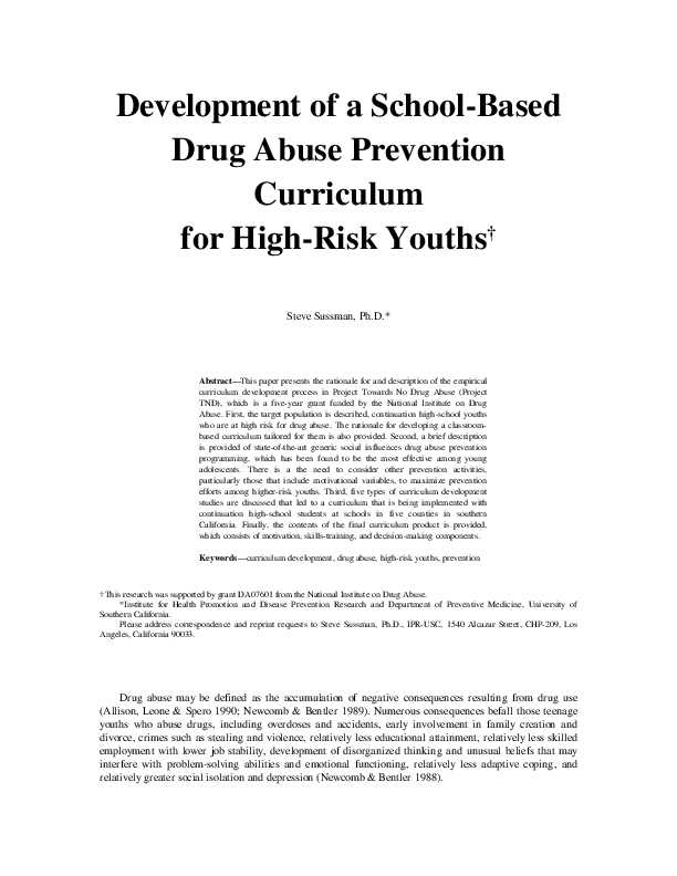(PDF) Development of a School-Based Drug Abuse Prevention Curriculum ...