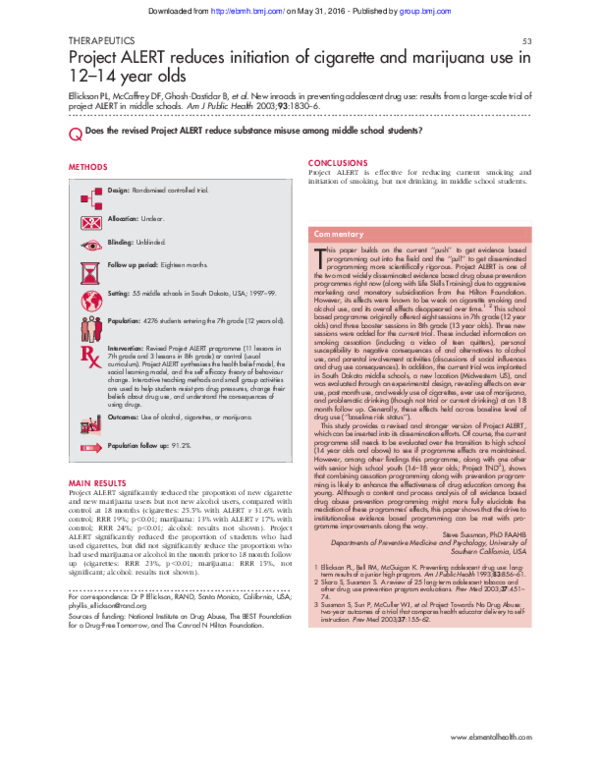 (PDF) Project ALERT reduces initiation of cigarette and marijuana use ...