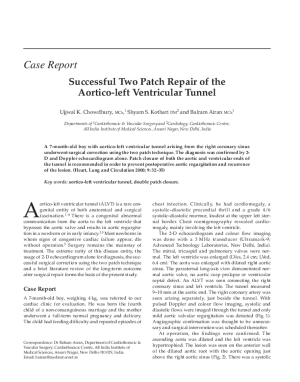 (PDF) Successful two patch repair of the aortico-left ventricular tunnel