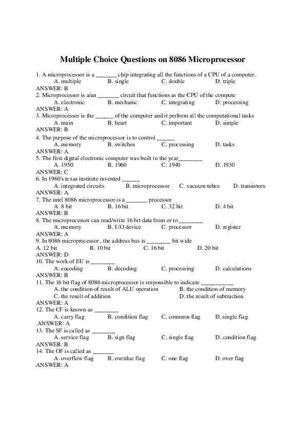 Multiple Choice Questions on 8086 Microprocessor